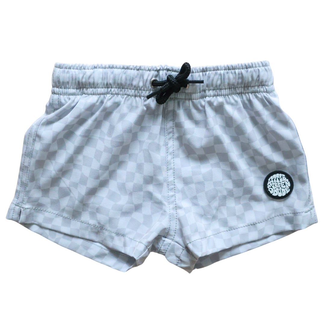 Light Grey Checkered Little Surfer Dude Swim Trunks – The Little Surfer ...